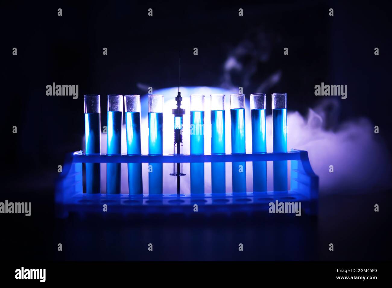 Test tube of glass overflows new liquid solution potassium blue ...