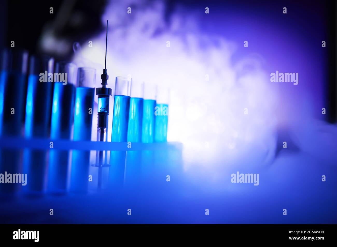 Test tube of glass overflows new liquid solution potassium blue ...