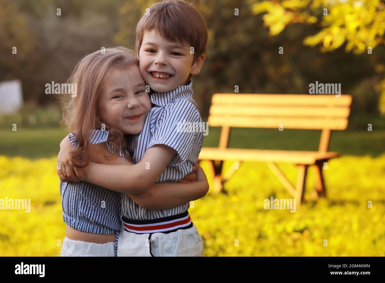 Children on a walk in the summer. Children indulge in country. Laughter ...