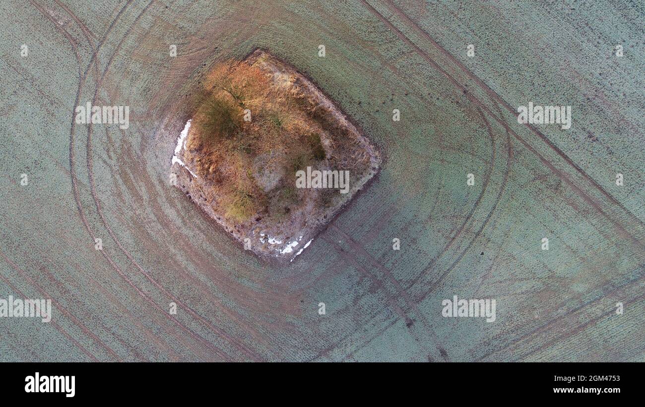 Fields surrounding Bronze Age burial mound in souther Jutland, Denmark ...