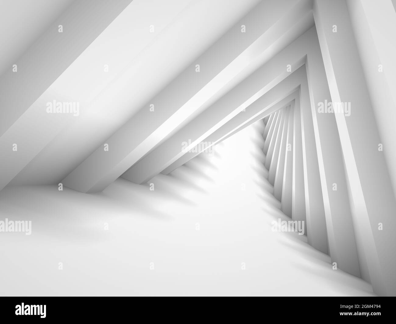 Abstract white twisted triangular tunnel, minimal interior background ...