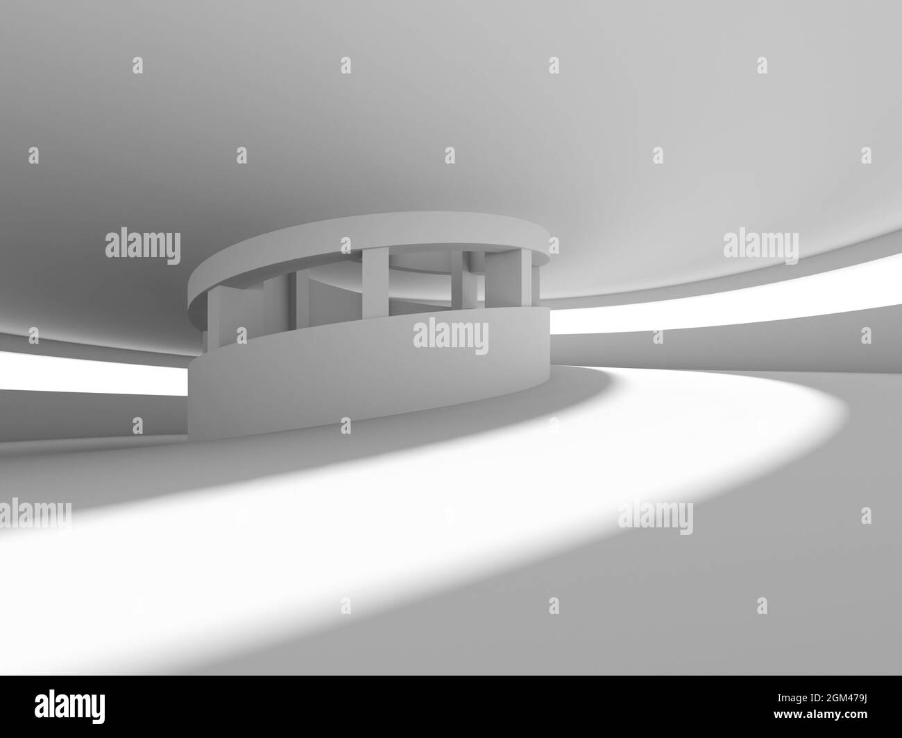 Abstract white interior background of an empty spiral ramp. 3d ...