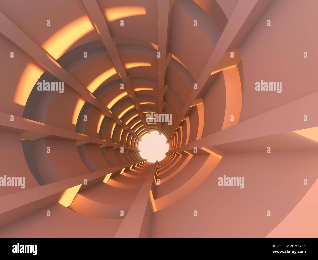 Abstract spiral ramp interior background, inner shaft perspective view ...