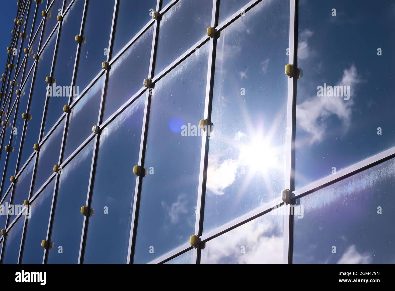 Architectural detail of the facade with multiple reflections of other ...