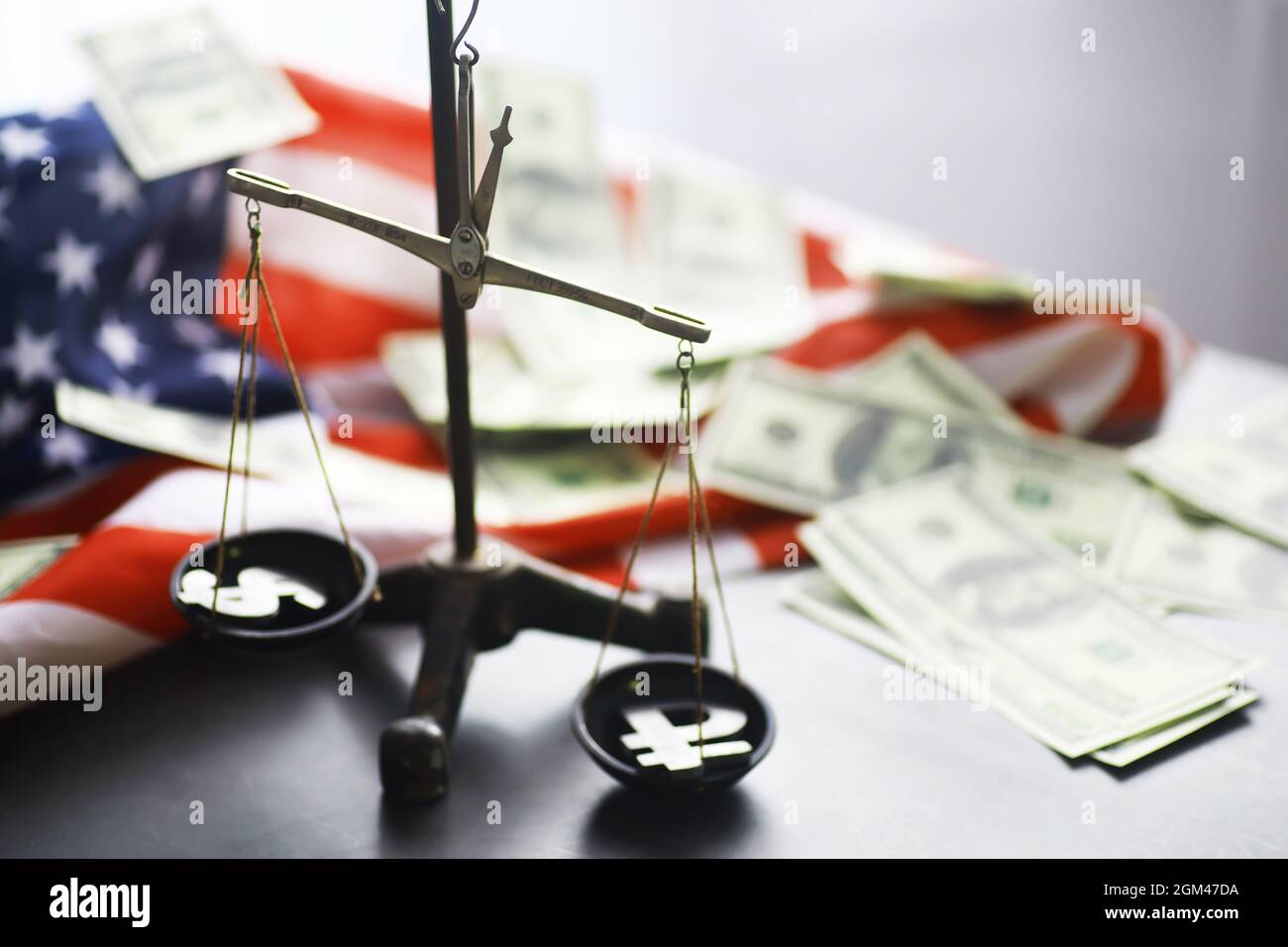 United States Law, scales of justice and American flag. Concept. Money ...