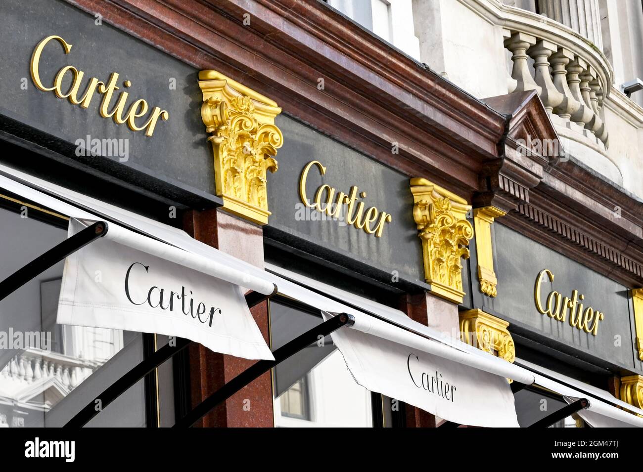 London, England - August 2021: Front exterior view of the Cartier store ...