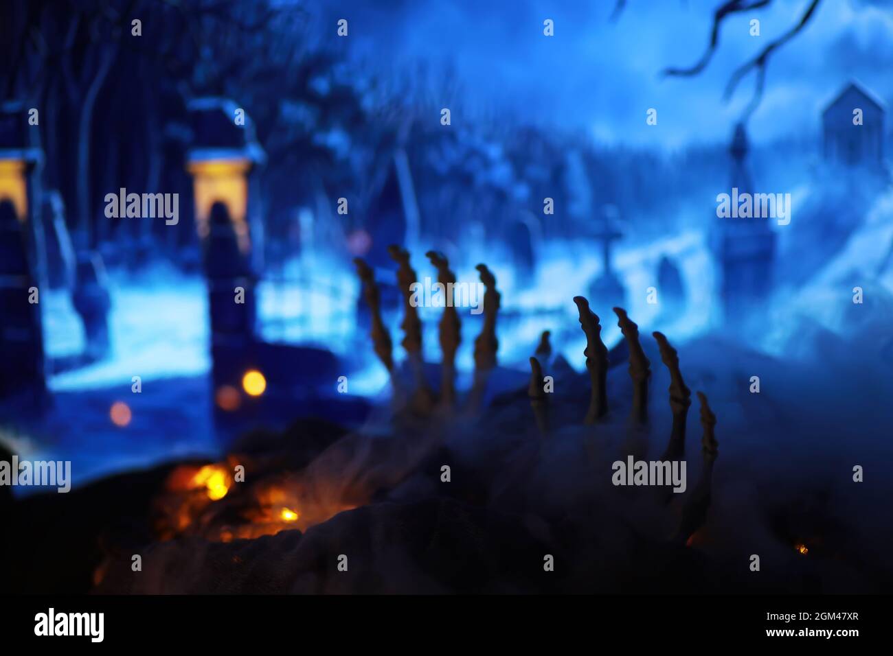 Skeleton Zombie Hand Rising Out Of GraveYard - Halloween Stock Photo ...