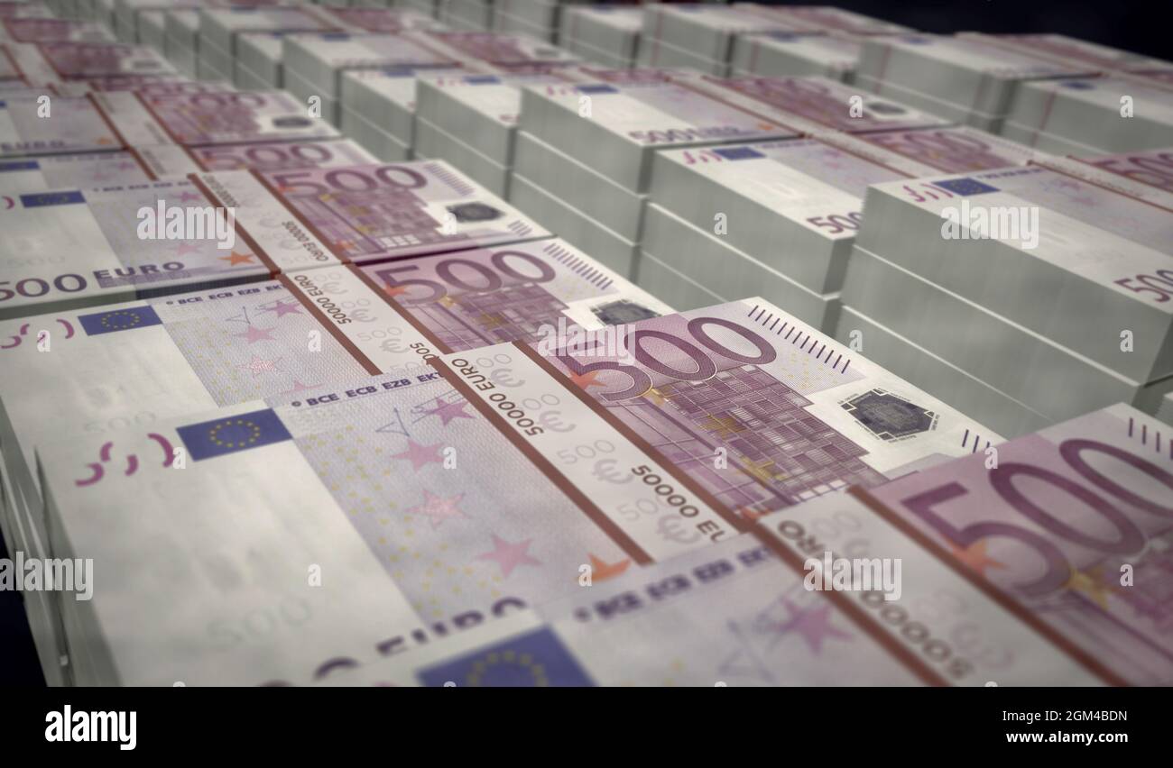 Euro money pack 3d illustration. 500 EUR banknote bundle stacks ...