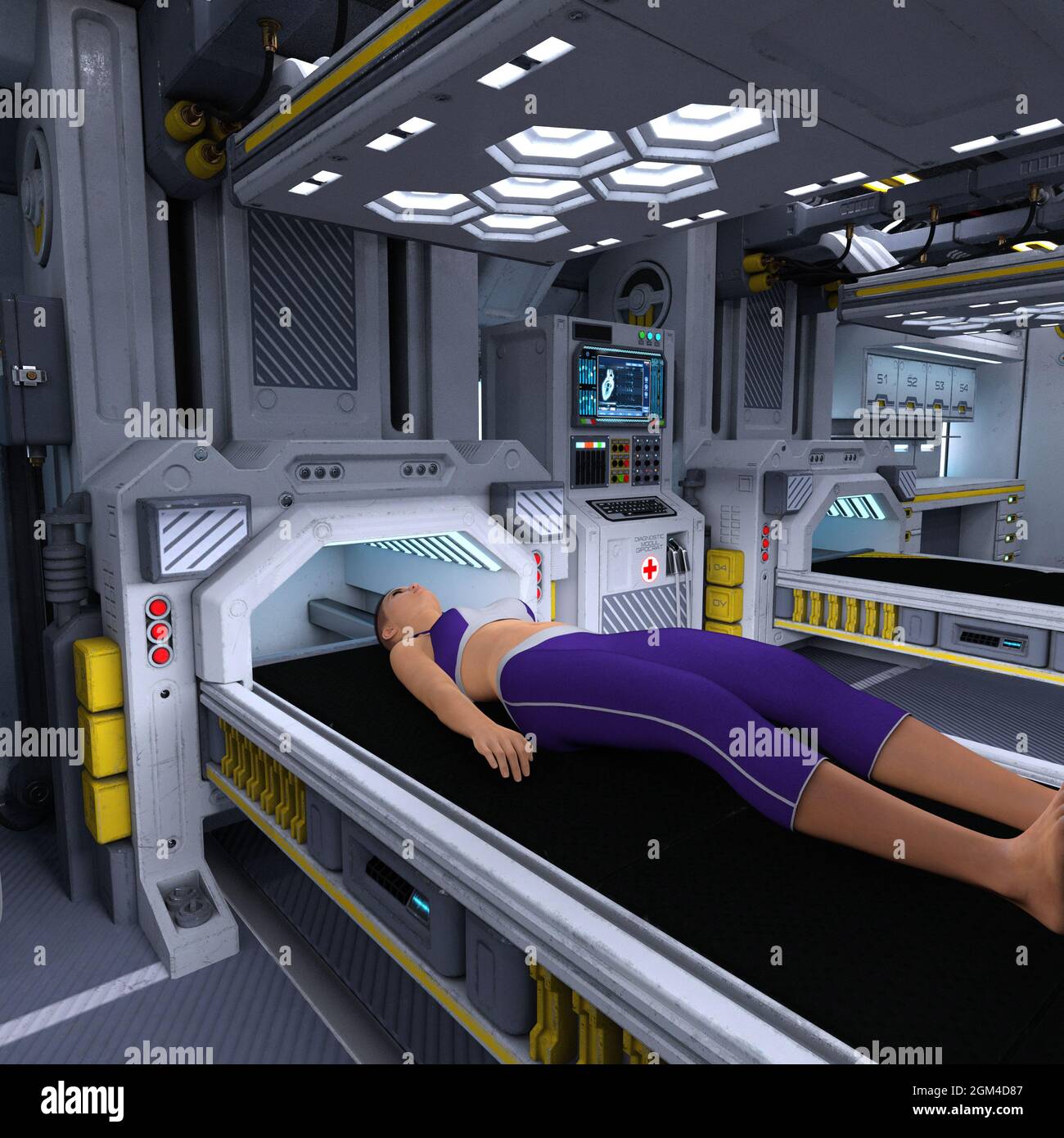 3D-illustration of a futuristic hospital in a science fiction starship ...