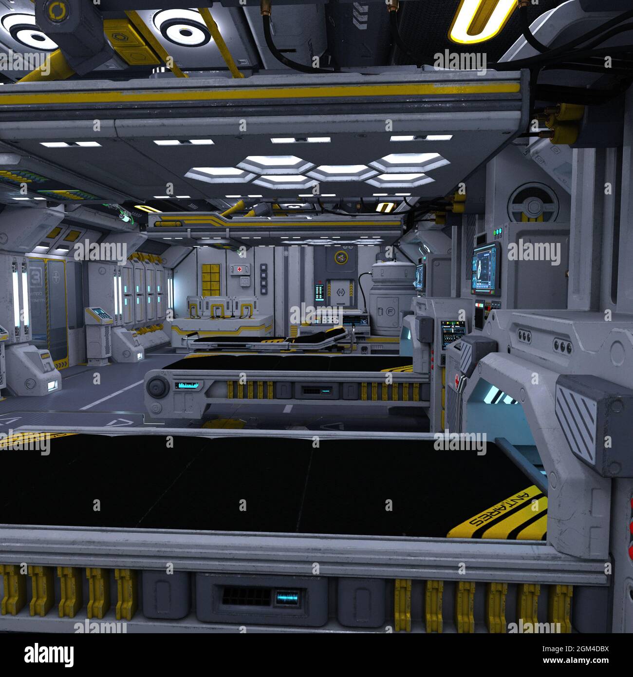 3D-illustration of a futuristic hospital in a science fiction starship ...