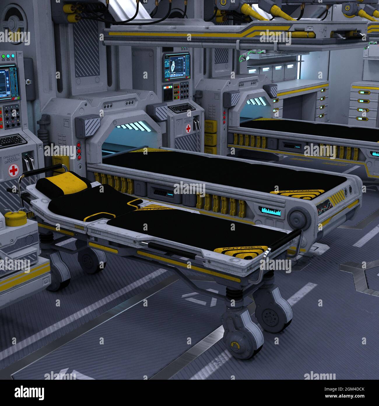 3D-illustration of a futuristic hospital in a science fiction starship ...