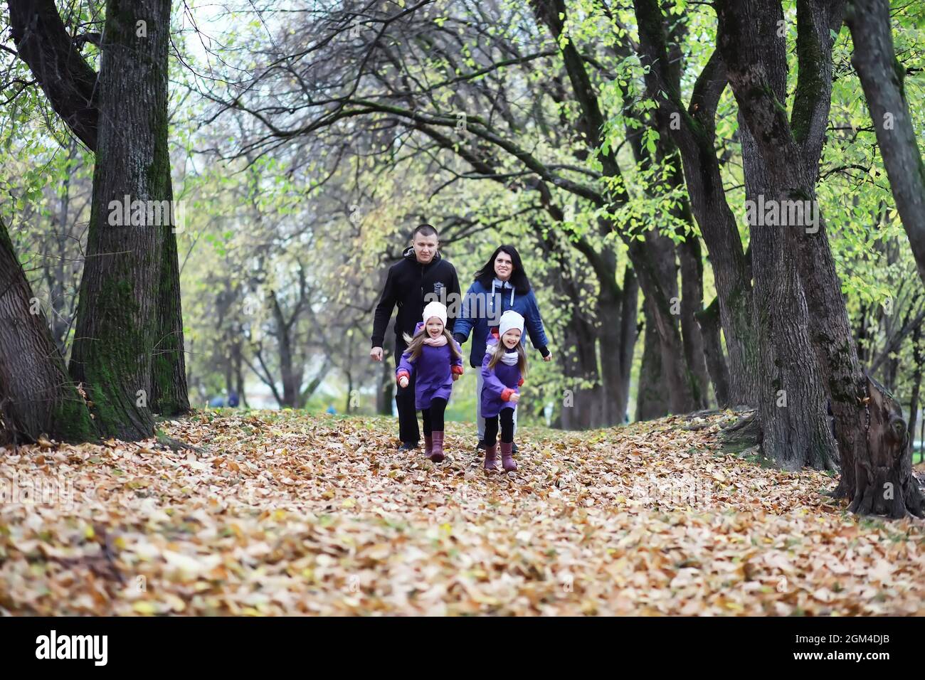 Children for a walk in autumn park. Leaf fall in the park. Family. Fall ...