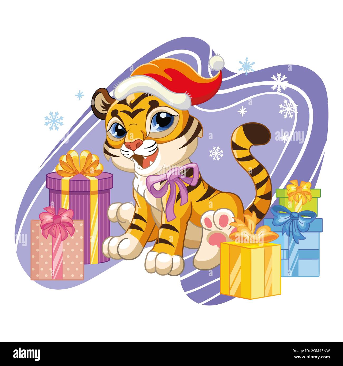 Cute tiger in a Christmas hat with gifts and snowflakes. Cartoon tiger ...