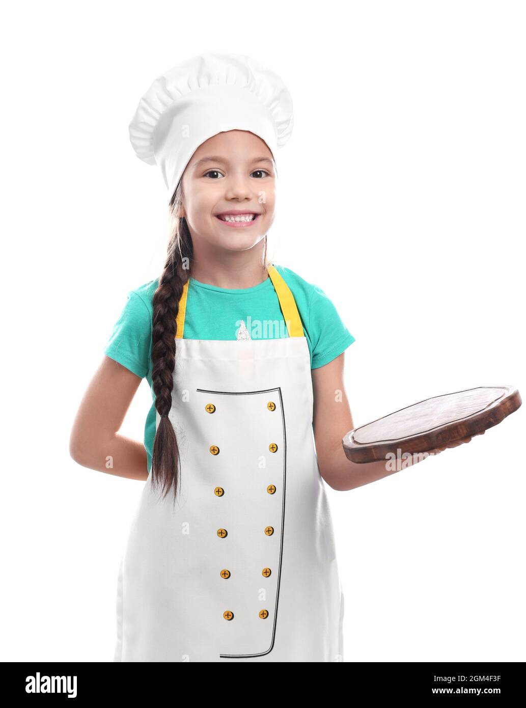 Cute girl in chef hat with board, isolated on white Stock Photo - Alamy