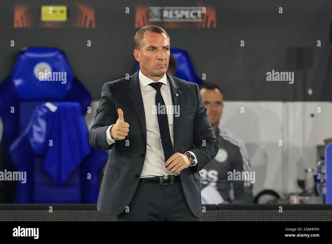 Brendan Rogers manager of Leicester City gives his players the thumbs ...