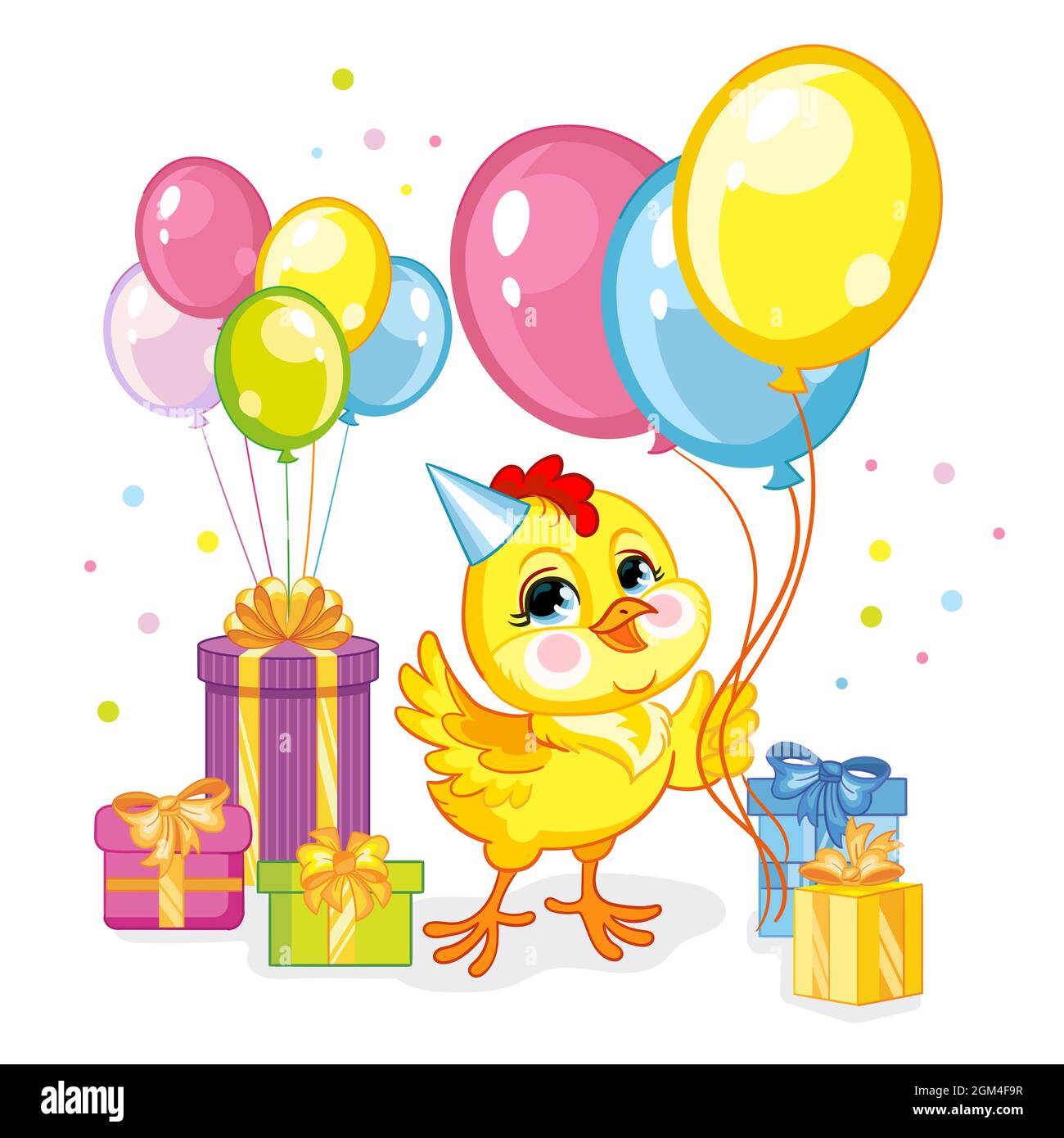 Cute cartoon little chicken with balloons and present boxes. Vector ...