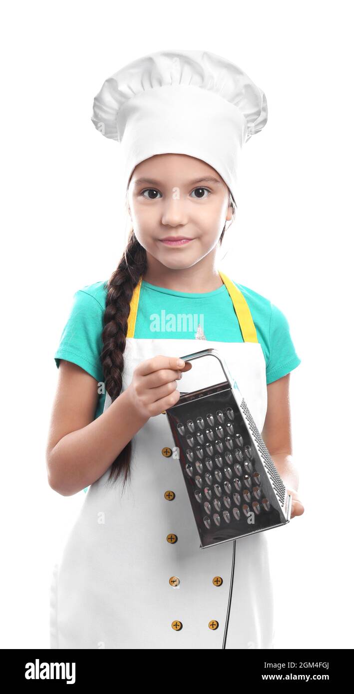 Cute girl in chef hat with grater, isolated on white Stock Photo - Alamy