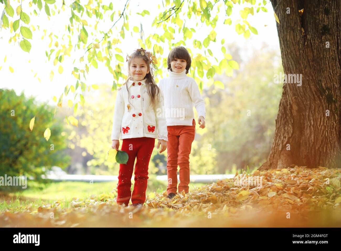Children for a walk in autumn park. Leaf fall in the park. Family. Fall ...
