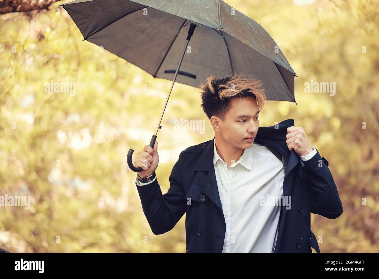 Autumn park in rainy weather and a young man with an umbrella Stock ...