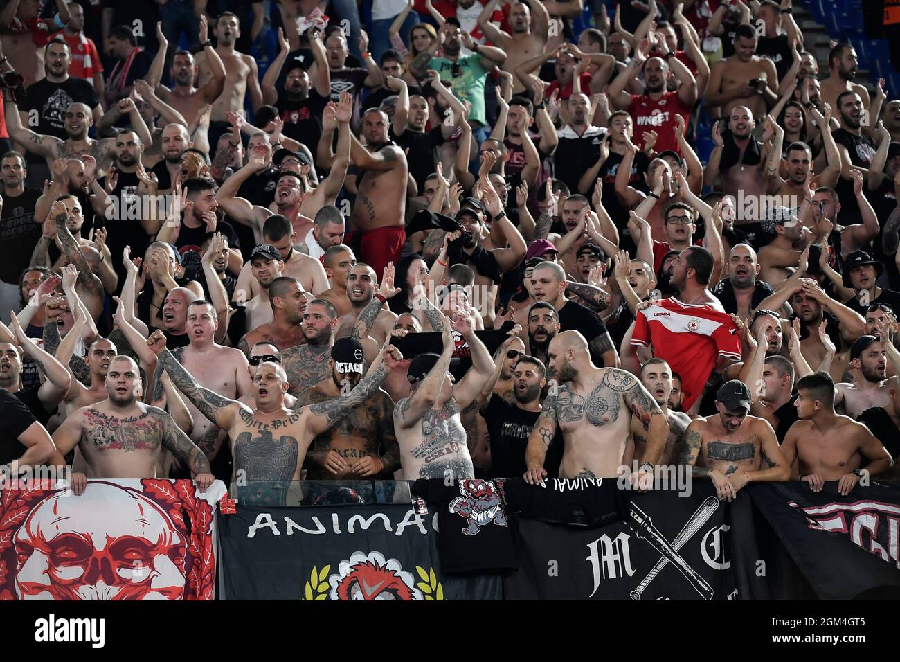 Roma, Italy. 16th Sep, 2021. Ultras supporters of CSKA Sofia cheer on ...