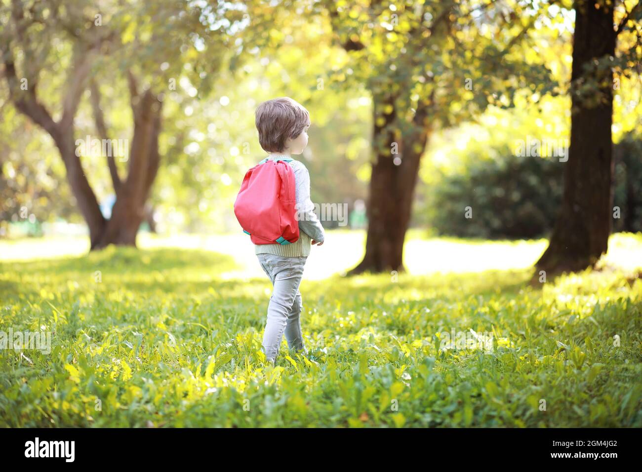 Children with briefcases for a walk in park. School break. The ...