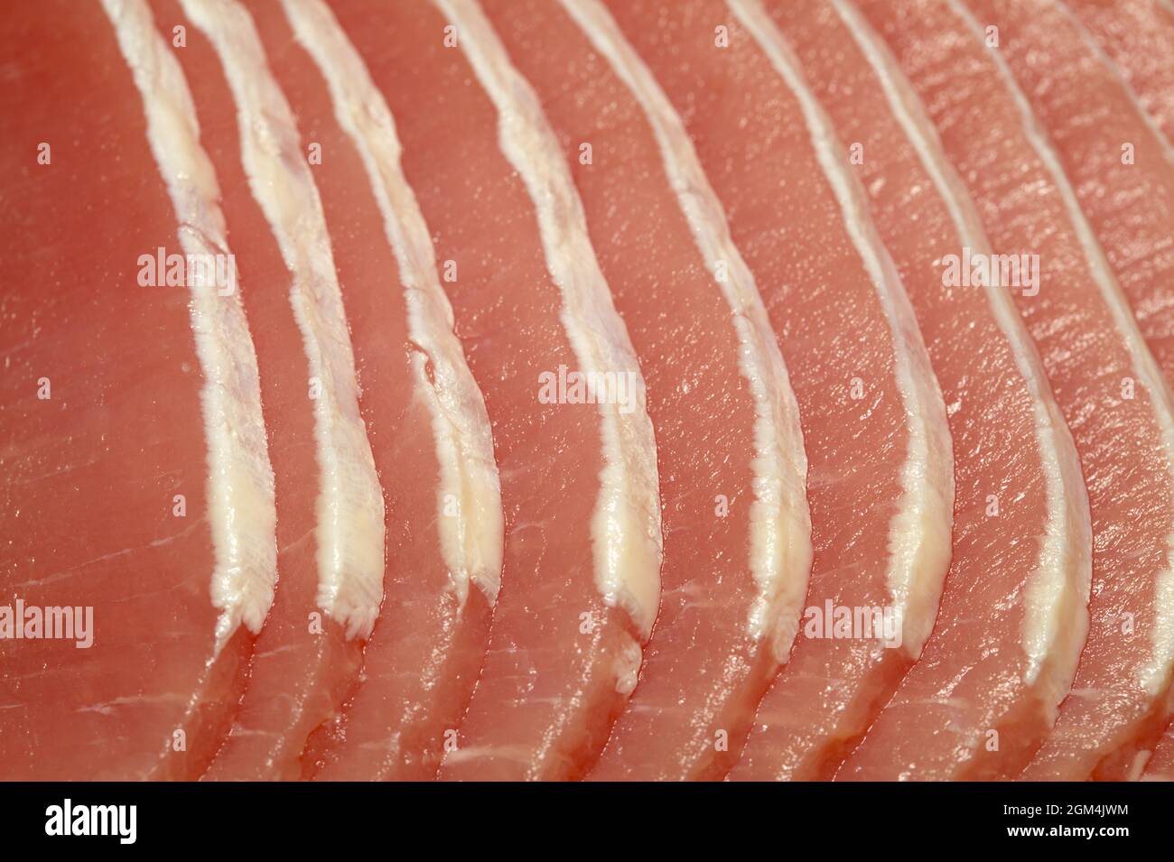 Raw marinated pork lean loin cut into thin sliced with almost all of ...