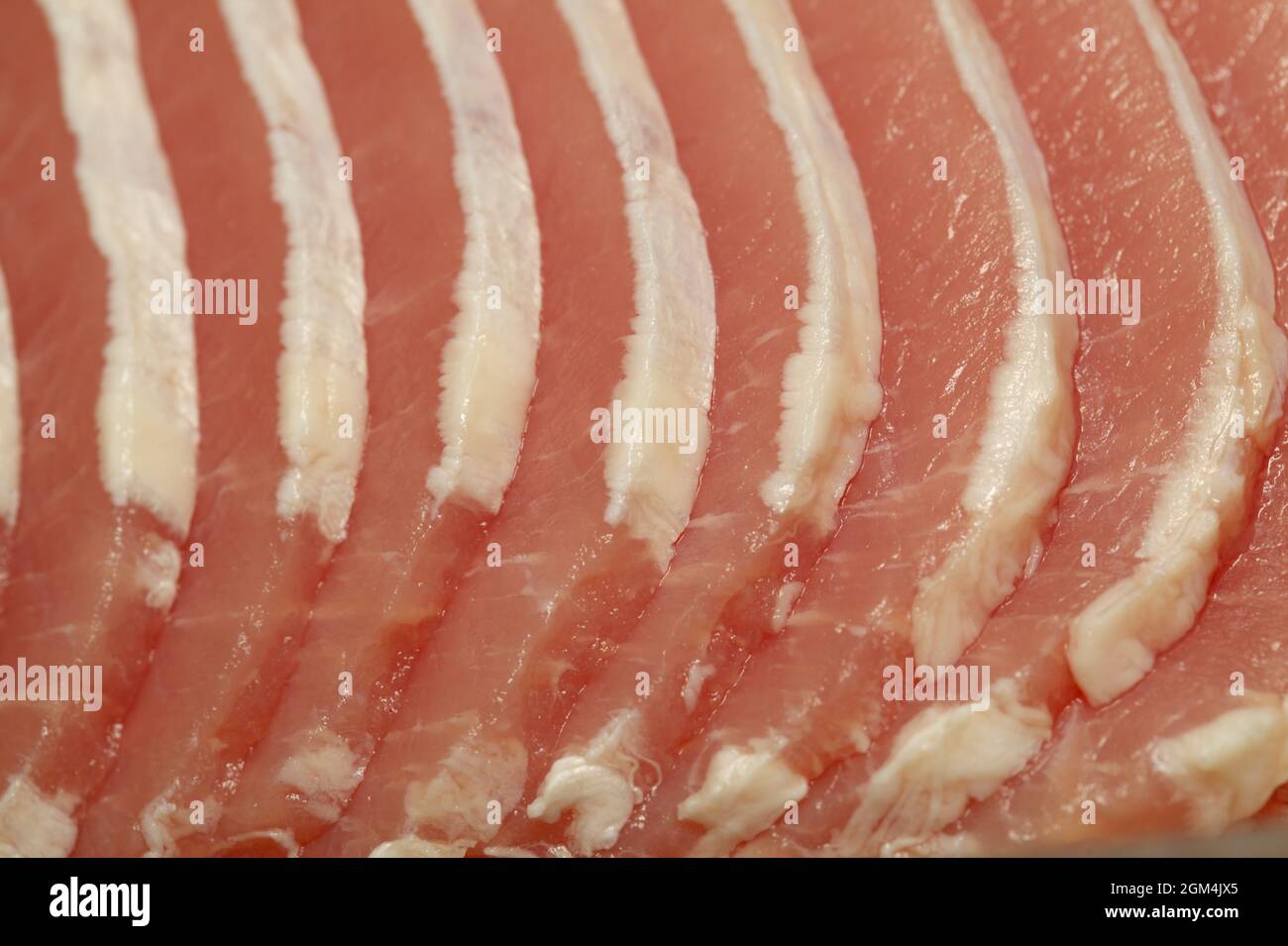Raw marinated pork lean loin cut into thin sliced with almost all of ...