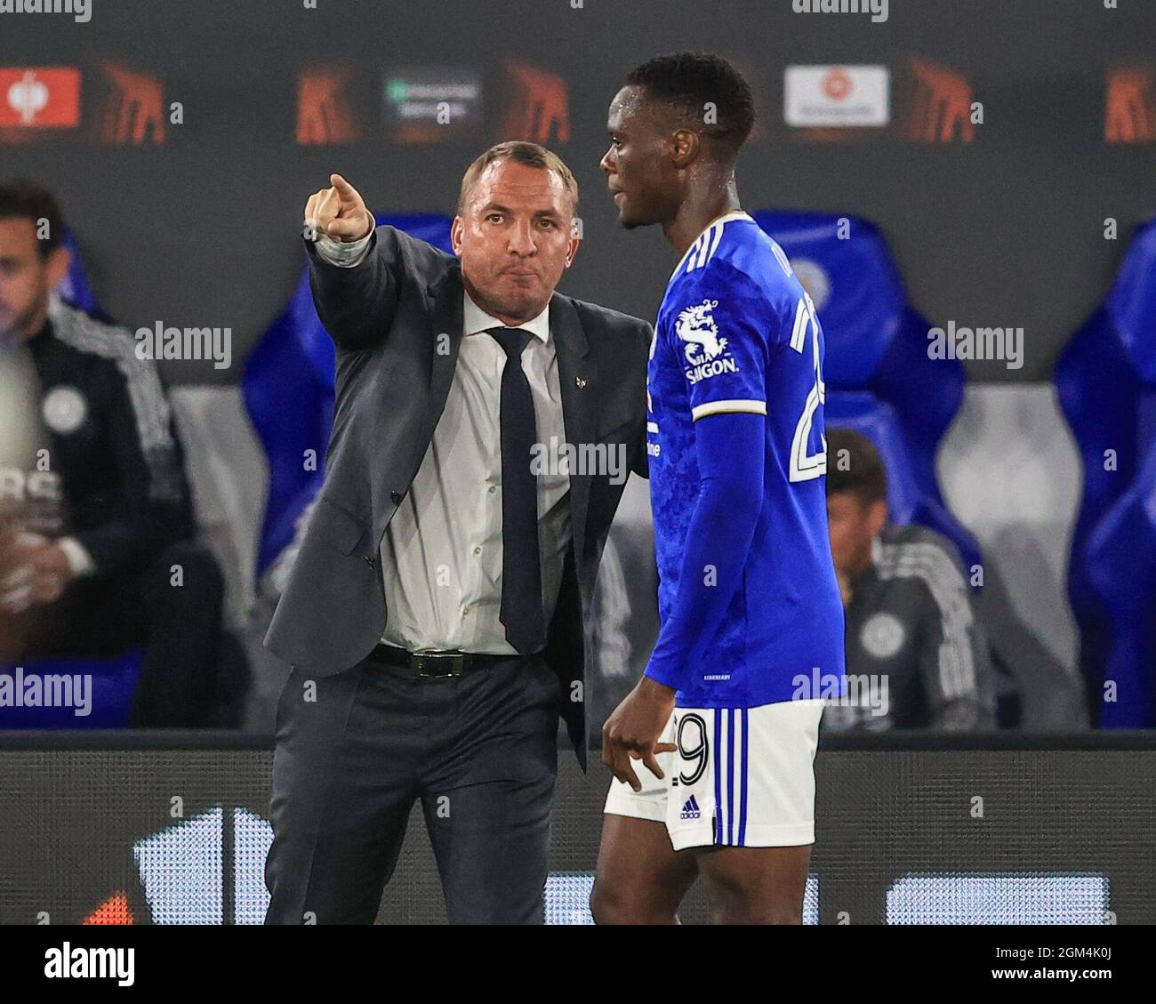 Brendan Rogers manager of Leicester City gives instruction to Patson ...