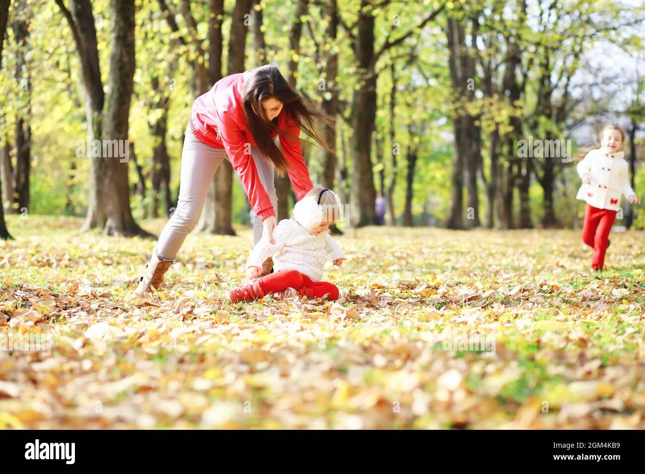 Children for a walk in autumn park. Leaf fall in the park. Family. Fall ...