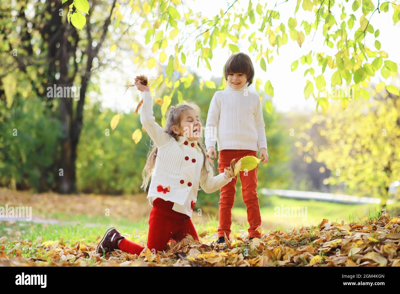 Children for a walk in autumn park. Leaf fall in the park. Family. Fall ...
