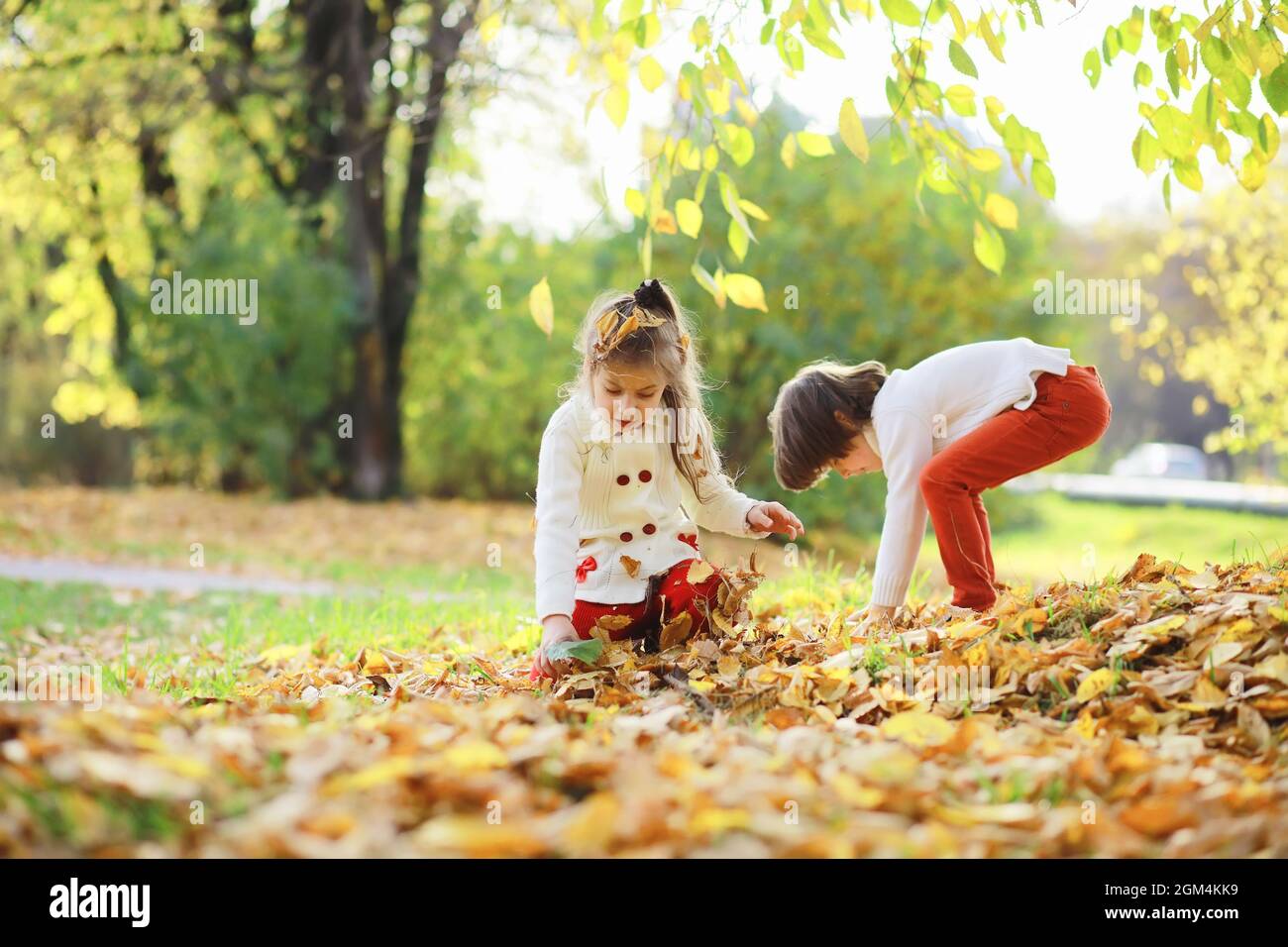 Children for a walk in autumn park. Leaf fall in the park. Family. Fall ...