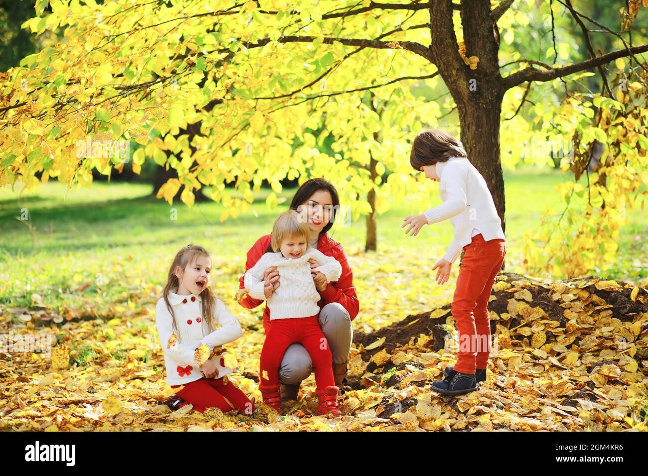 Children for a walk in autumn park. Leaf fall in the park. Family. Fall ...