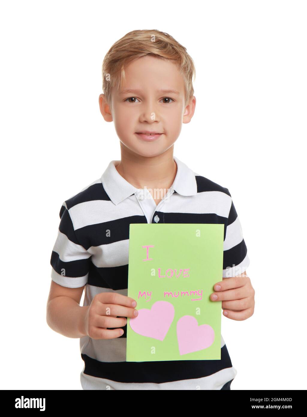 Cute little boy with greeting card for Mother's Day on white background ...
