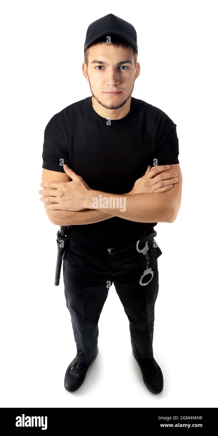 Male security guard on white background Stock Photo - Alamy