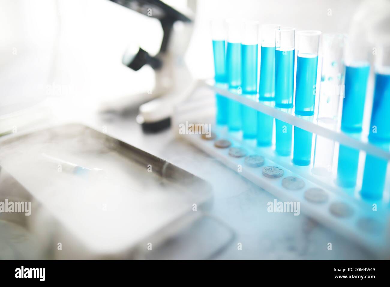 Test tube of glass overflows new liquid solution potassium blue ...