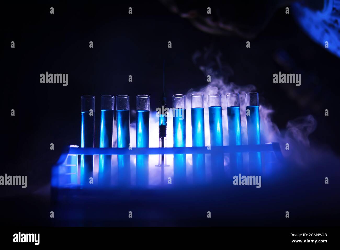 Test tube of glass overflows new liquid solution potassium blue ...