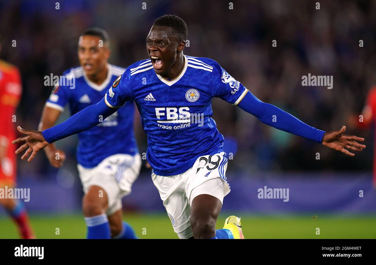 Leicester City's Patson Daka celebrates scoring their side's second ...