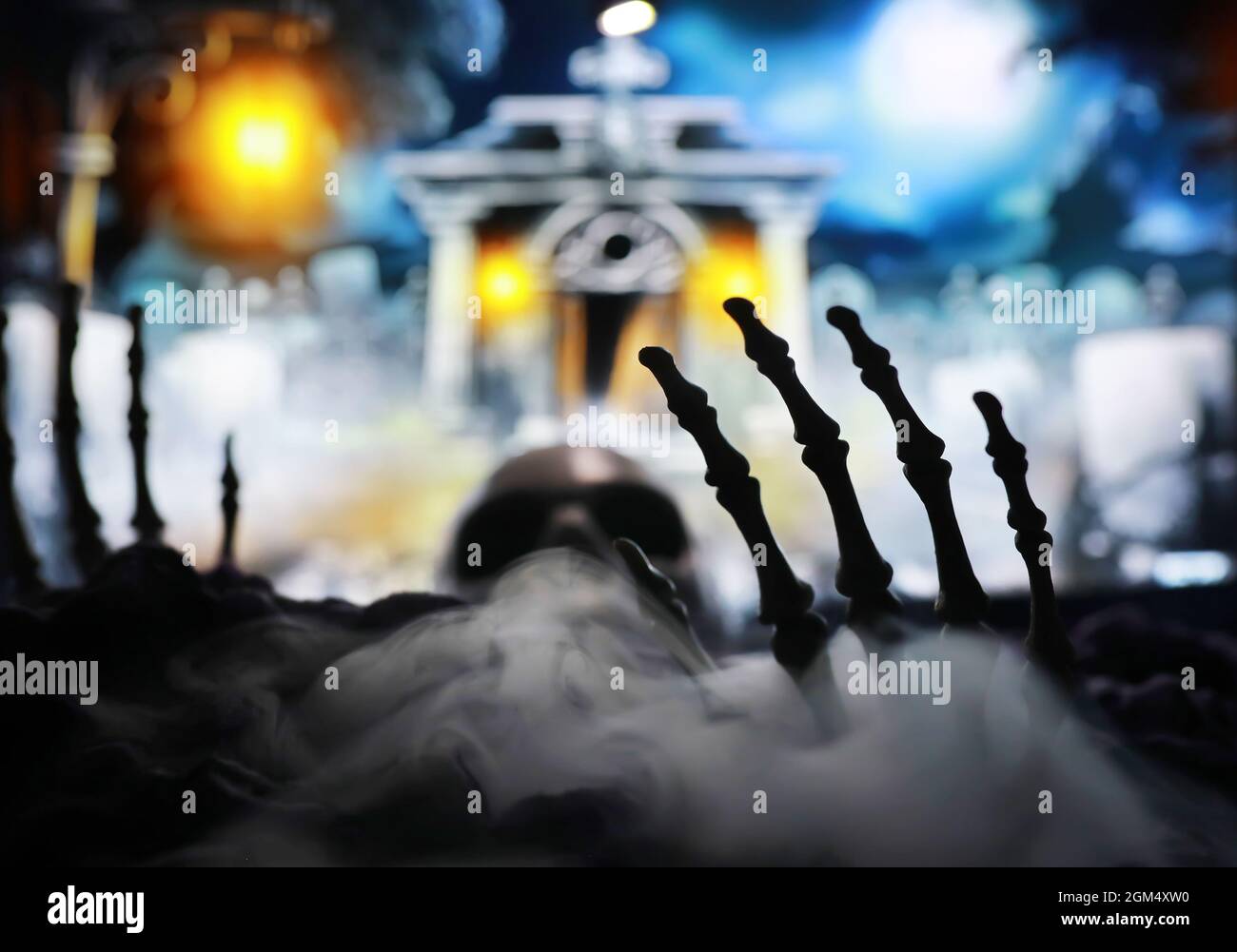 Skeleton Zombie Hand Rising Out Of GraveYard - Halloween Stock Photo ...