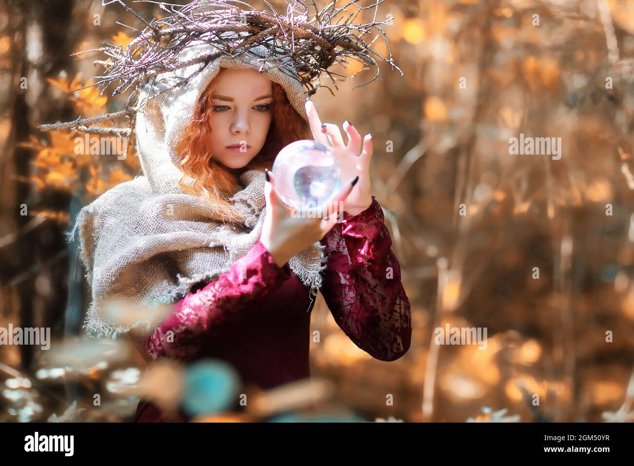 Fortune-teller conducts a ritual in the depths of the forest Stock ...