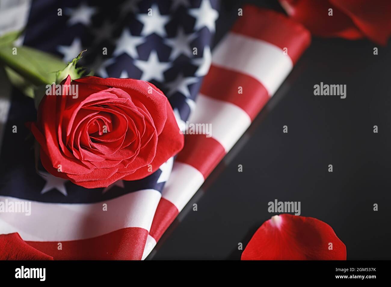 American flag and rose flower on table. Symbol of the United States of ...