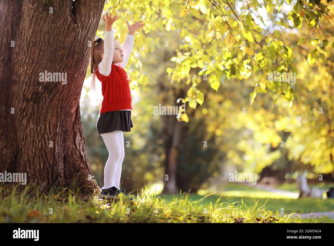 Children with briefcases for a walk in park. School break. The ...