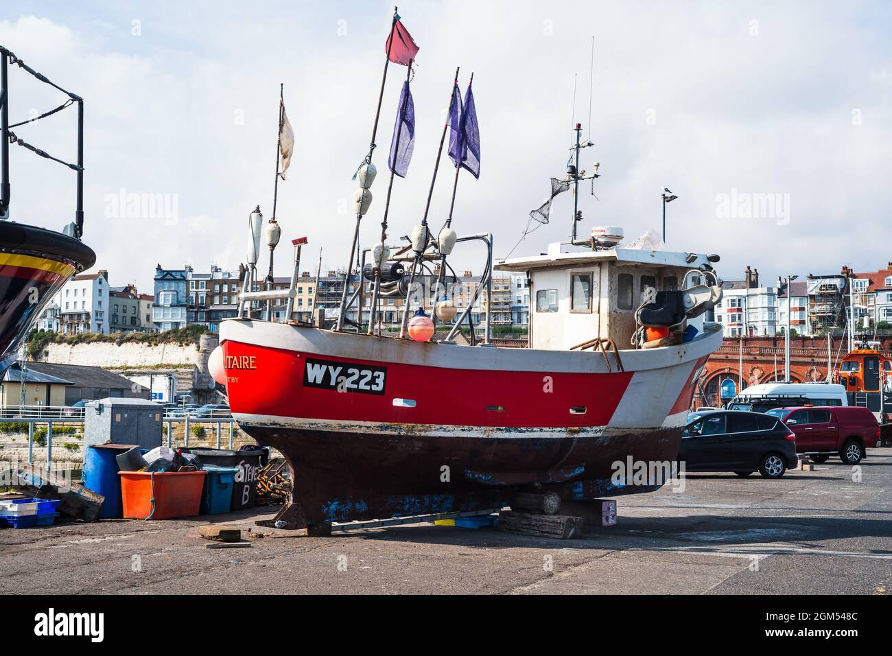 Ramsgate, UK - Sep 9 2021 A brightly coloured fishing boat and bouy ...