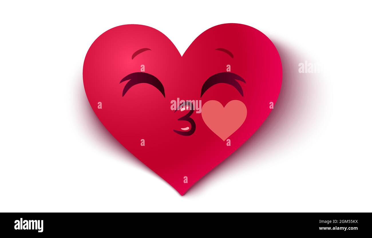 Vector set two cute hearts with smile and kiss. Cute heart in kawaii ...