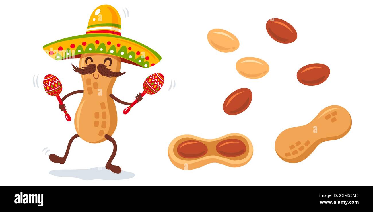 Vector illustration of set peanuts and peanut cartoon with sombrero and ...