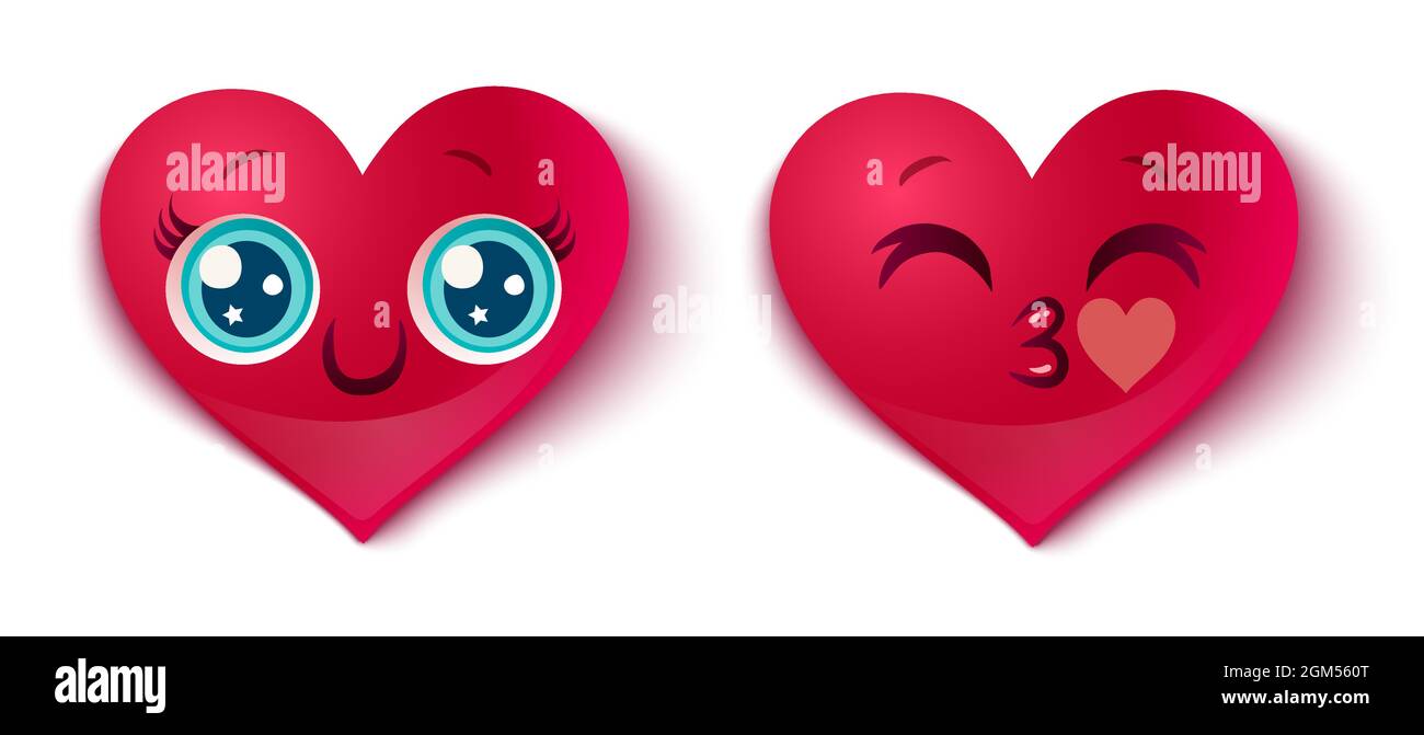 Vector set two cute hearts with smile and kiss. Cute heart in kawaii ...