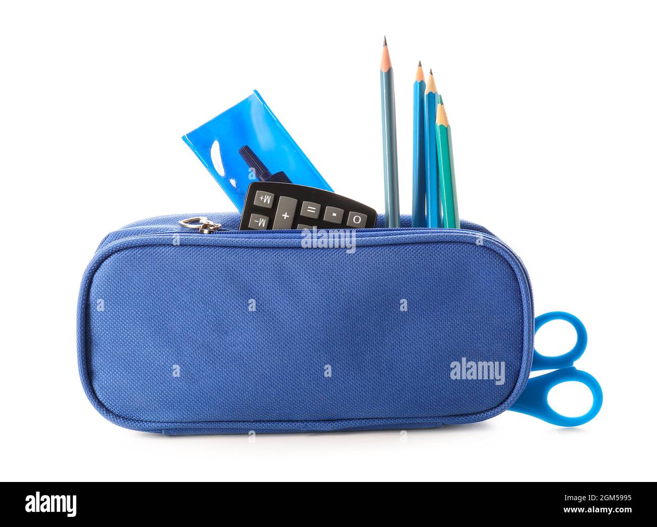 Blue pencil case with stationery on white background Stock Photo - Alamy