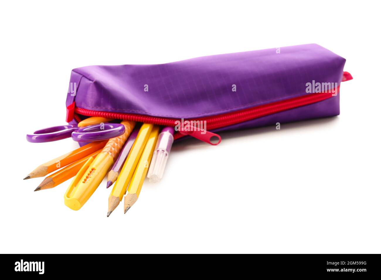 Purple pencil case with stationery on white background Stock Photo - Alamy