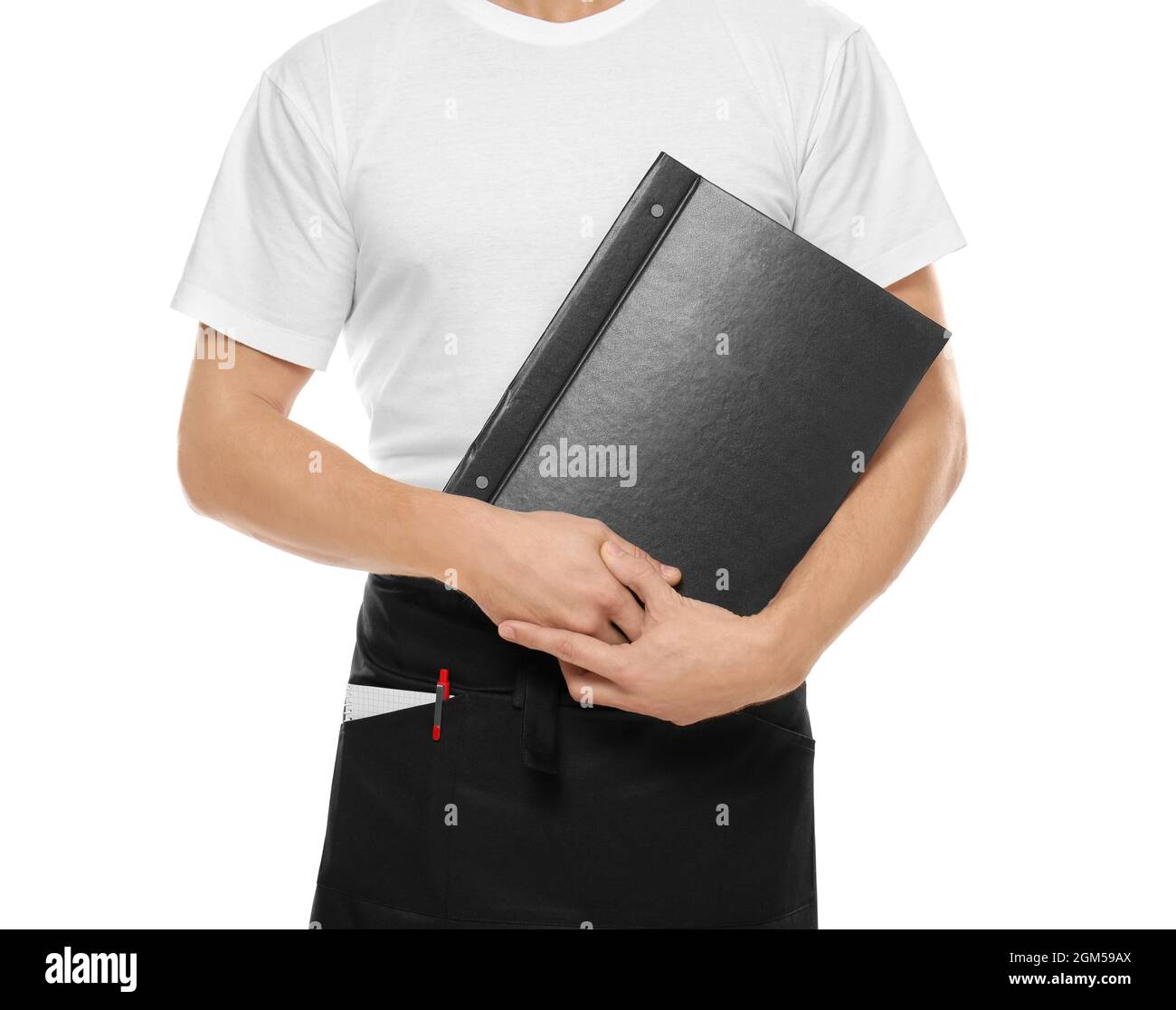 Waiter holding menu on white background Stock Photo - Alamy