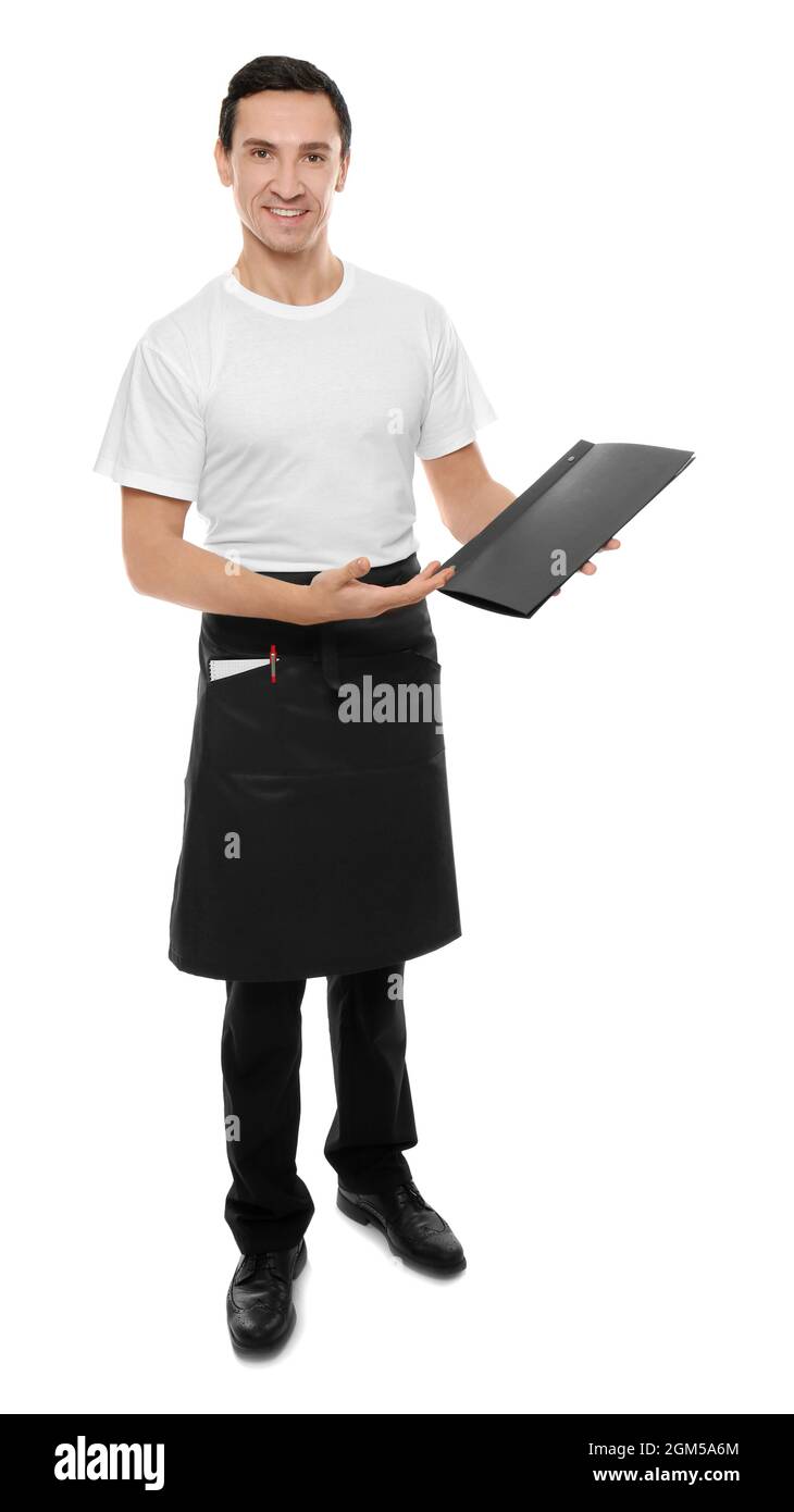 Waiter holding menu on white background Stock Photo - Alamy
