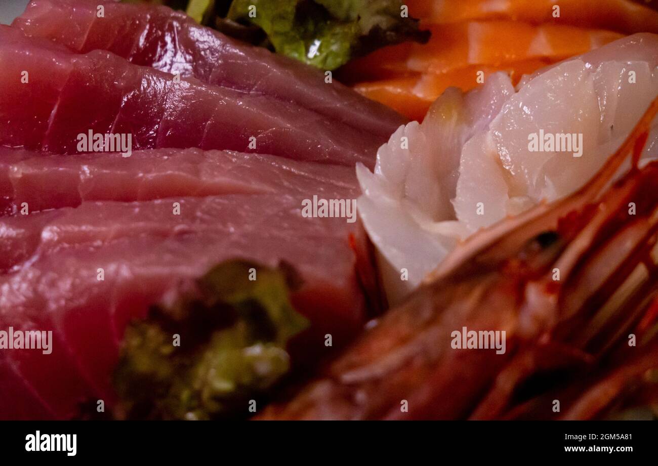 macro close up various types of slices of raw fish Stock Photo - Alamy